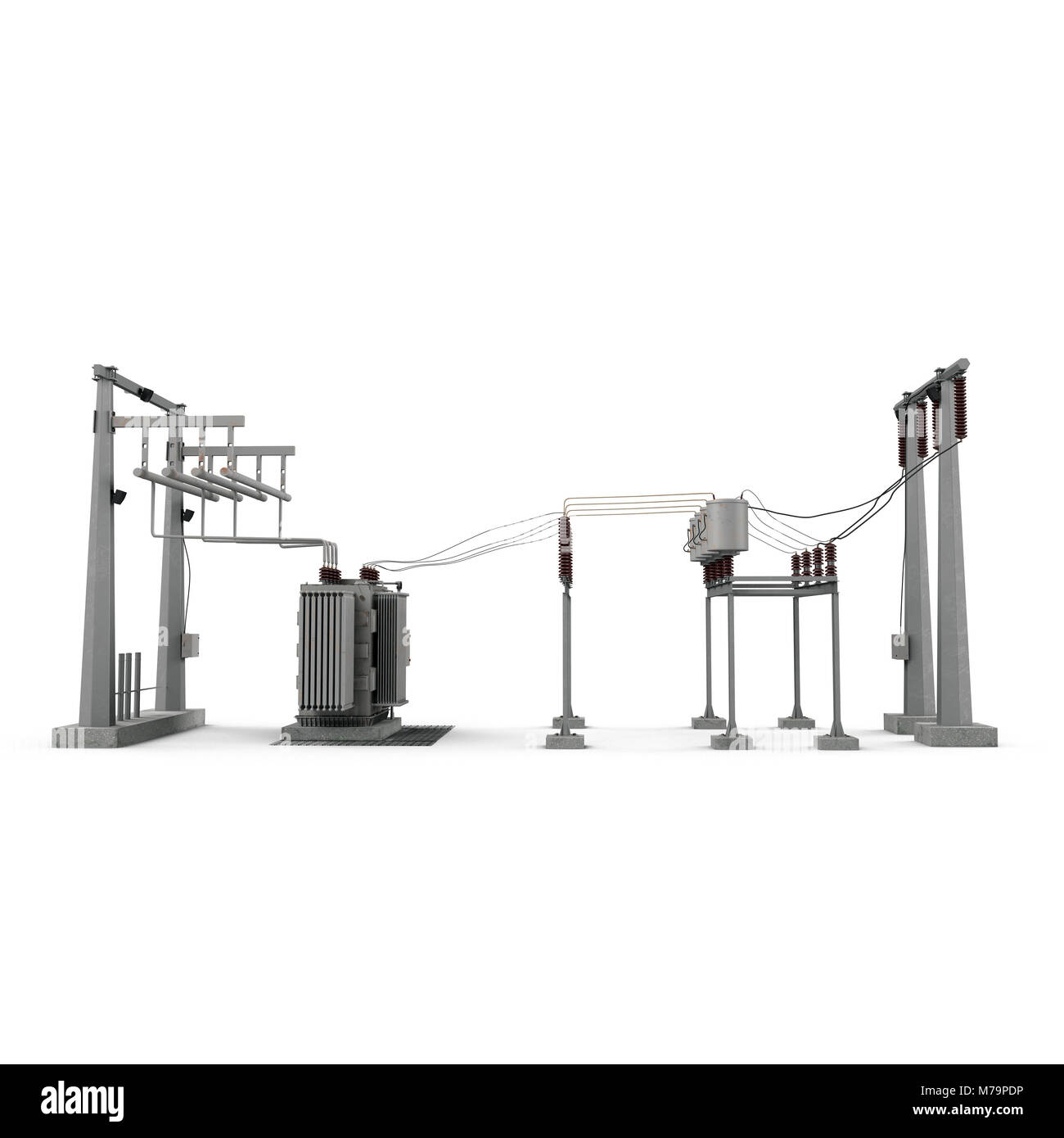 High voltage electric power substation on white background. 3D ...
