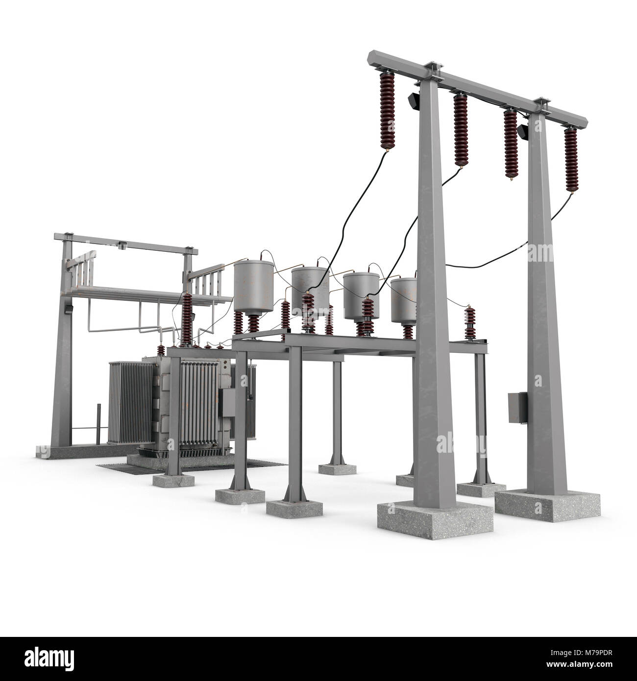 High voltage electric power substation on white background. 3D ...