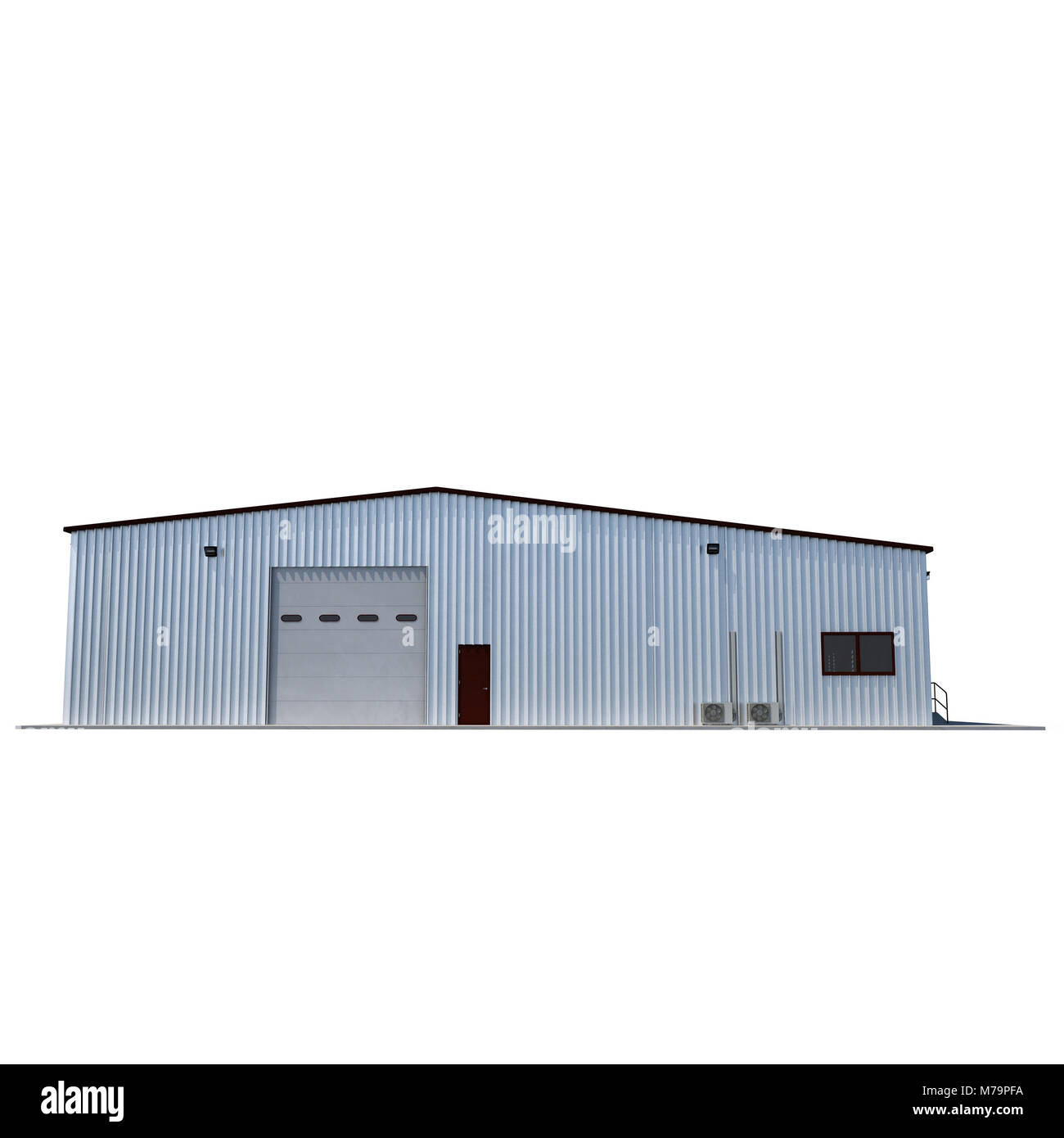 Facade of storage warehouse with closed gate isolated on white ...