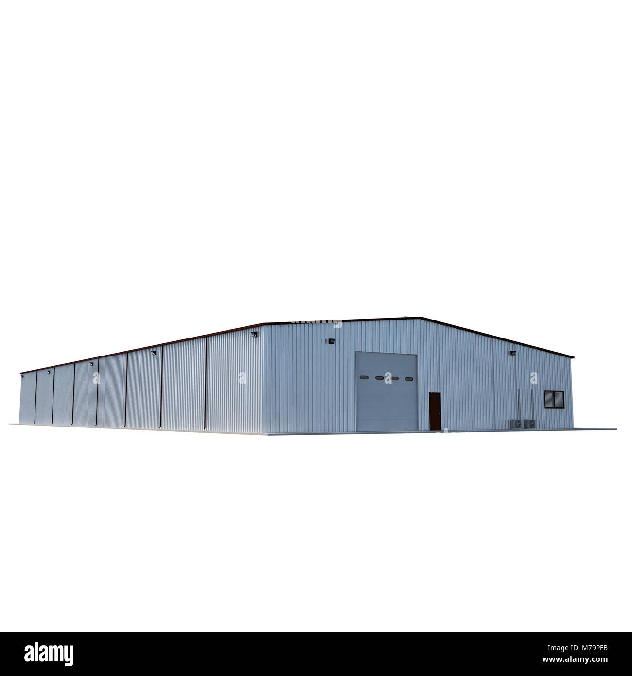 Facade of storage warehouse with closed gate isolated on white ...