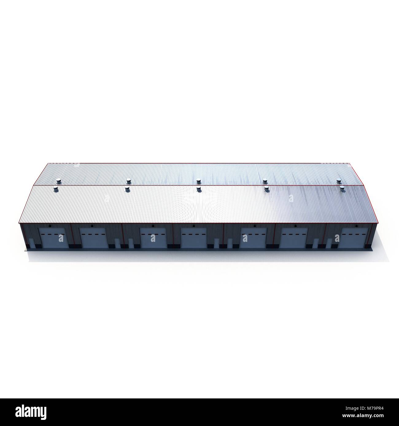 Facade of storage warehouse with closed gate isolated on white ...