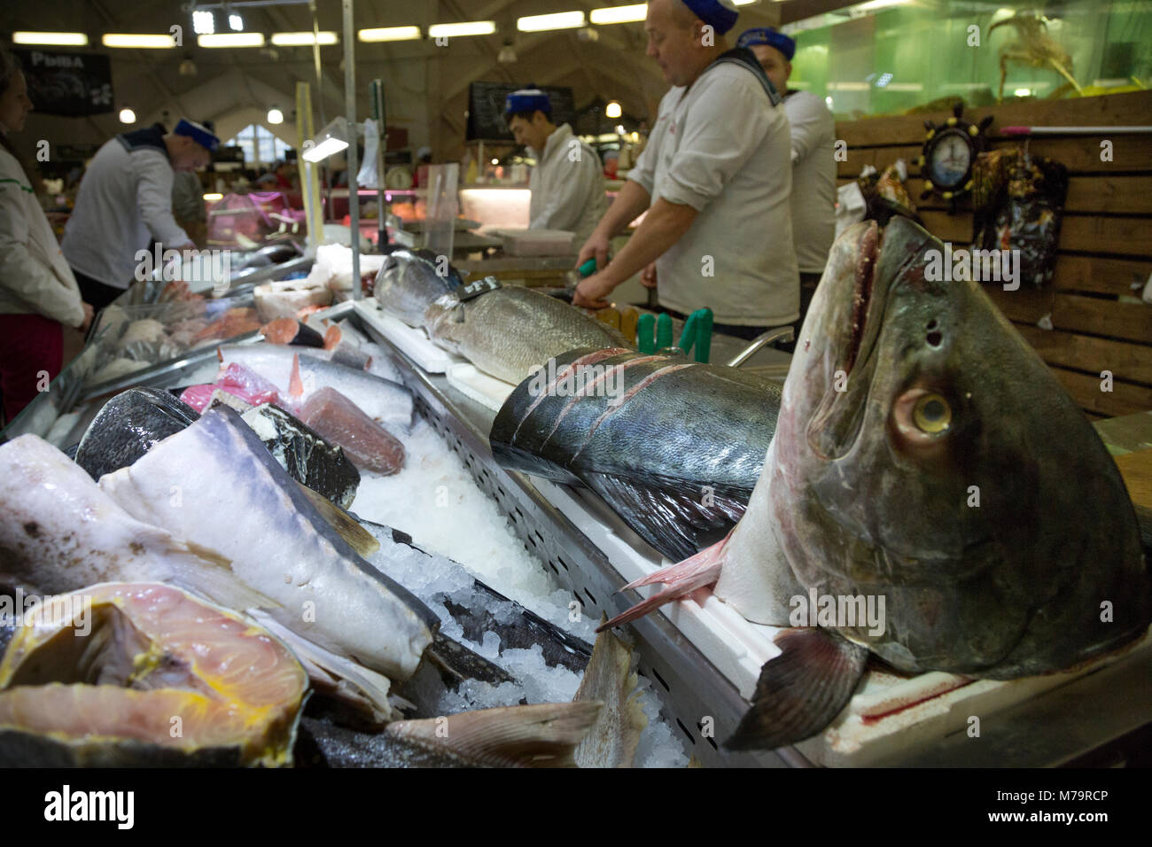 Counter with different kind of fishes on the Danilovsky market of ...