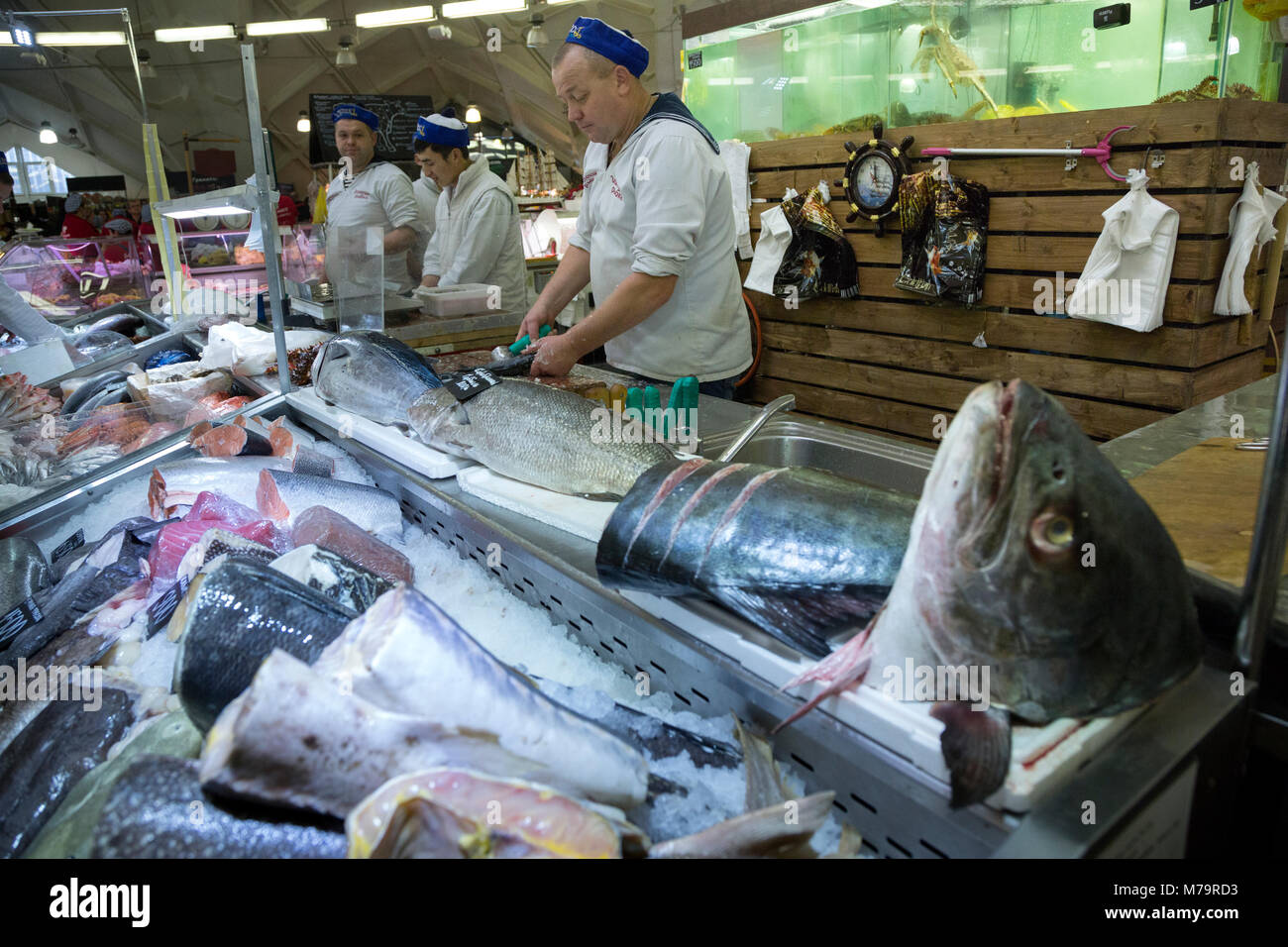 Counter with different kind of fishes on the Danilovsky market of ...