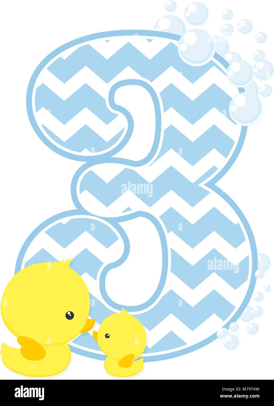number 3 with bubbles and little baby rubber duck isolated on white ...