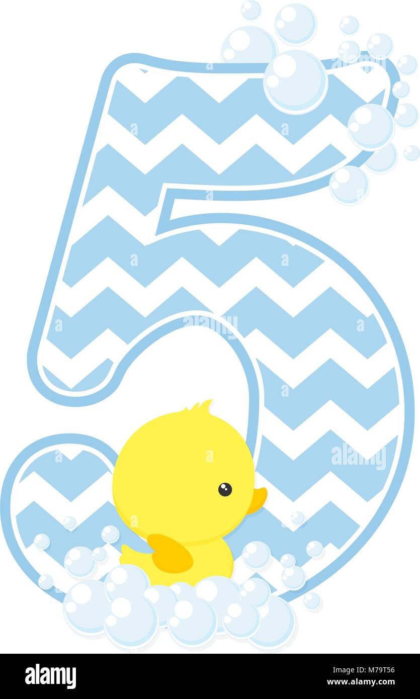 number 5 with bubbles and little baby rubber duck isolated on white ...