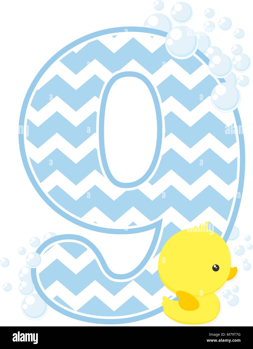 number 9 with bubbles and little baby rubber duck isolated on white ...