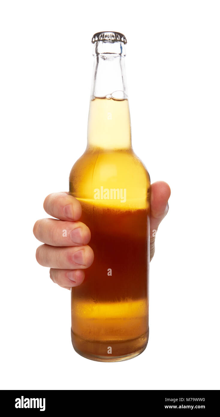 hand holding a beer bottle without label isolated on white background ...