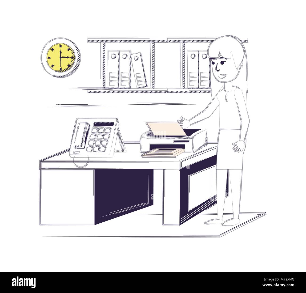 Sketch of woman at the office sending a fax over white background ...