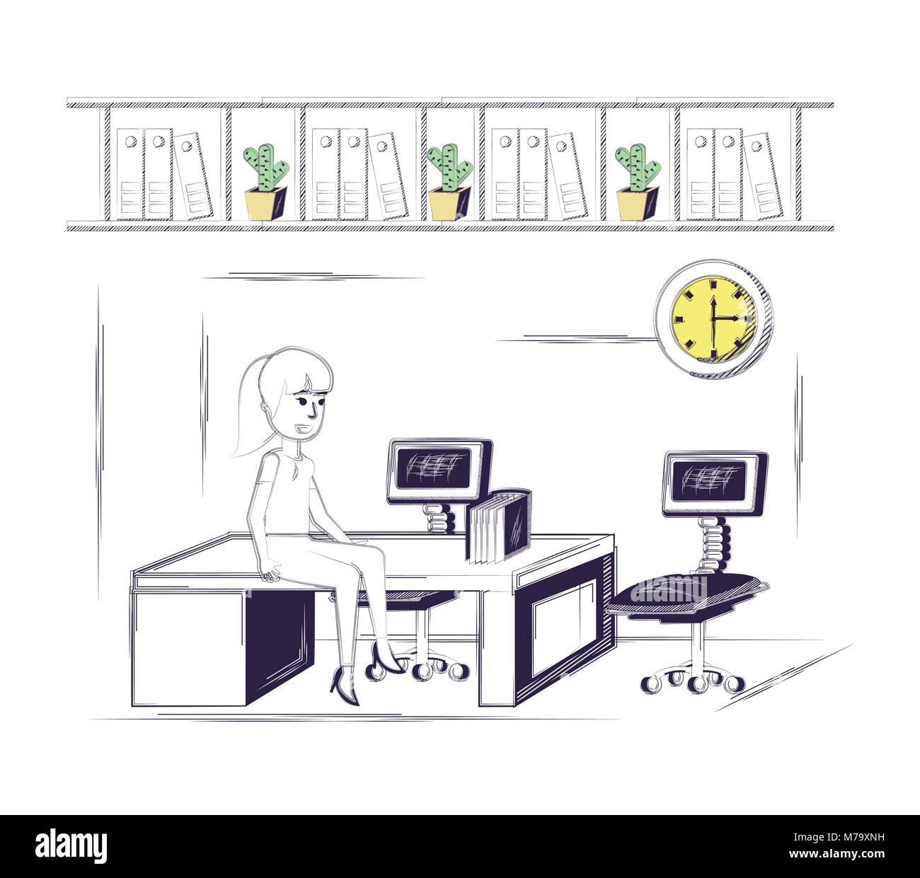 Sketch of woman sitting on the desk at the office over white background ...