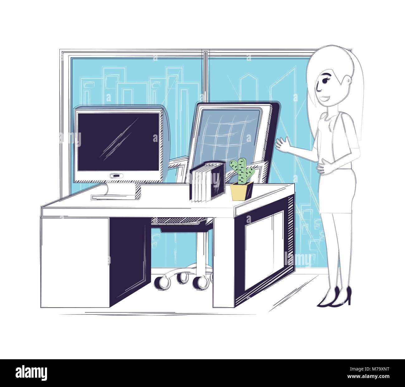 Sketch of woman standing at the office over white background, colorful ...