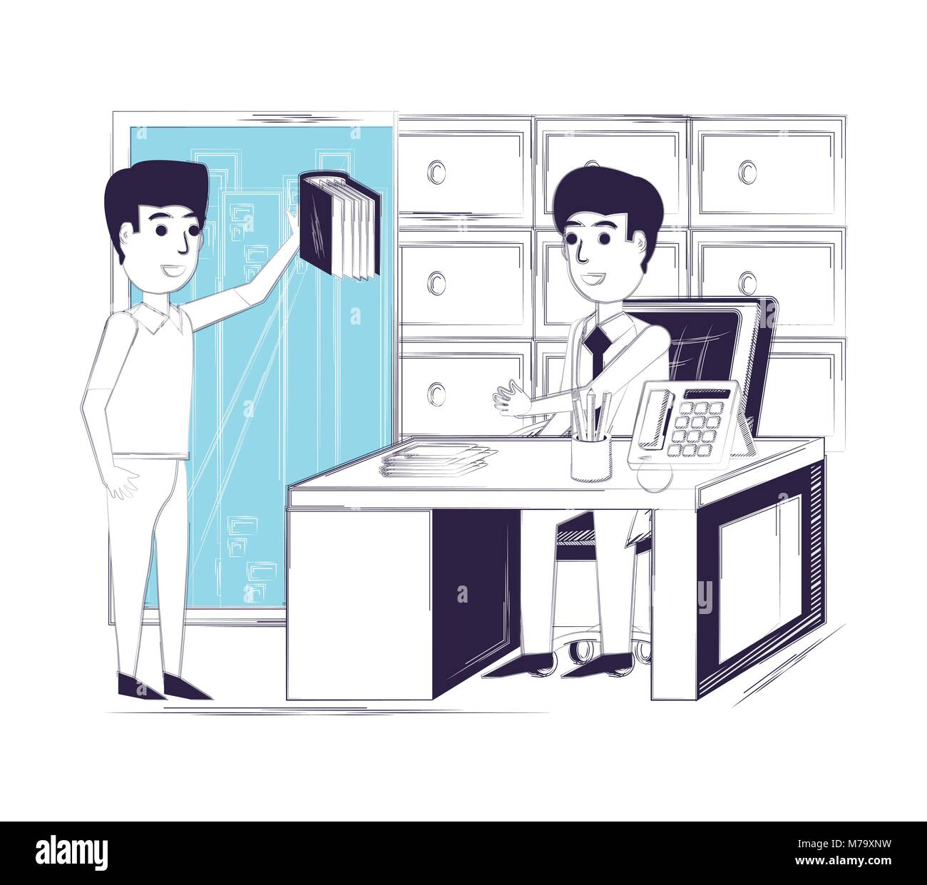 Sketch of office with man sitting at the desk and other man showing him ...