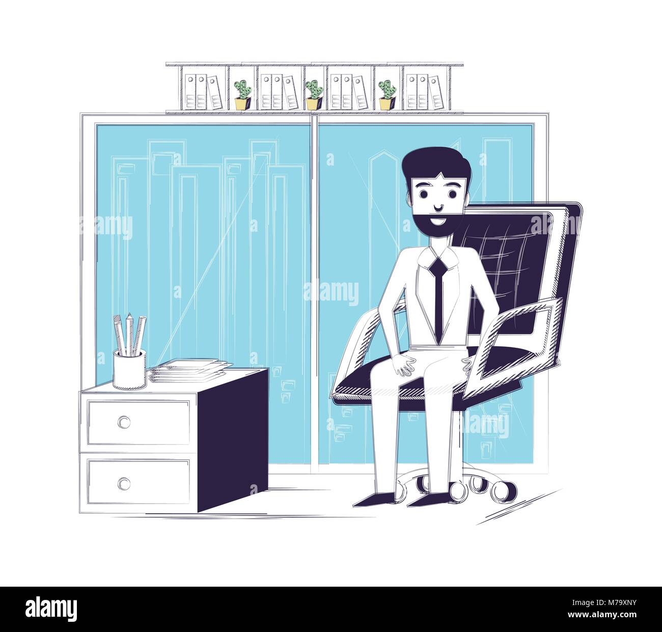 Sketch of man sitting on desk chair at the office over white background ...