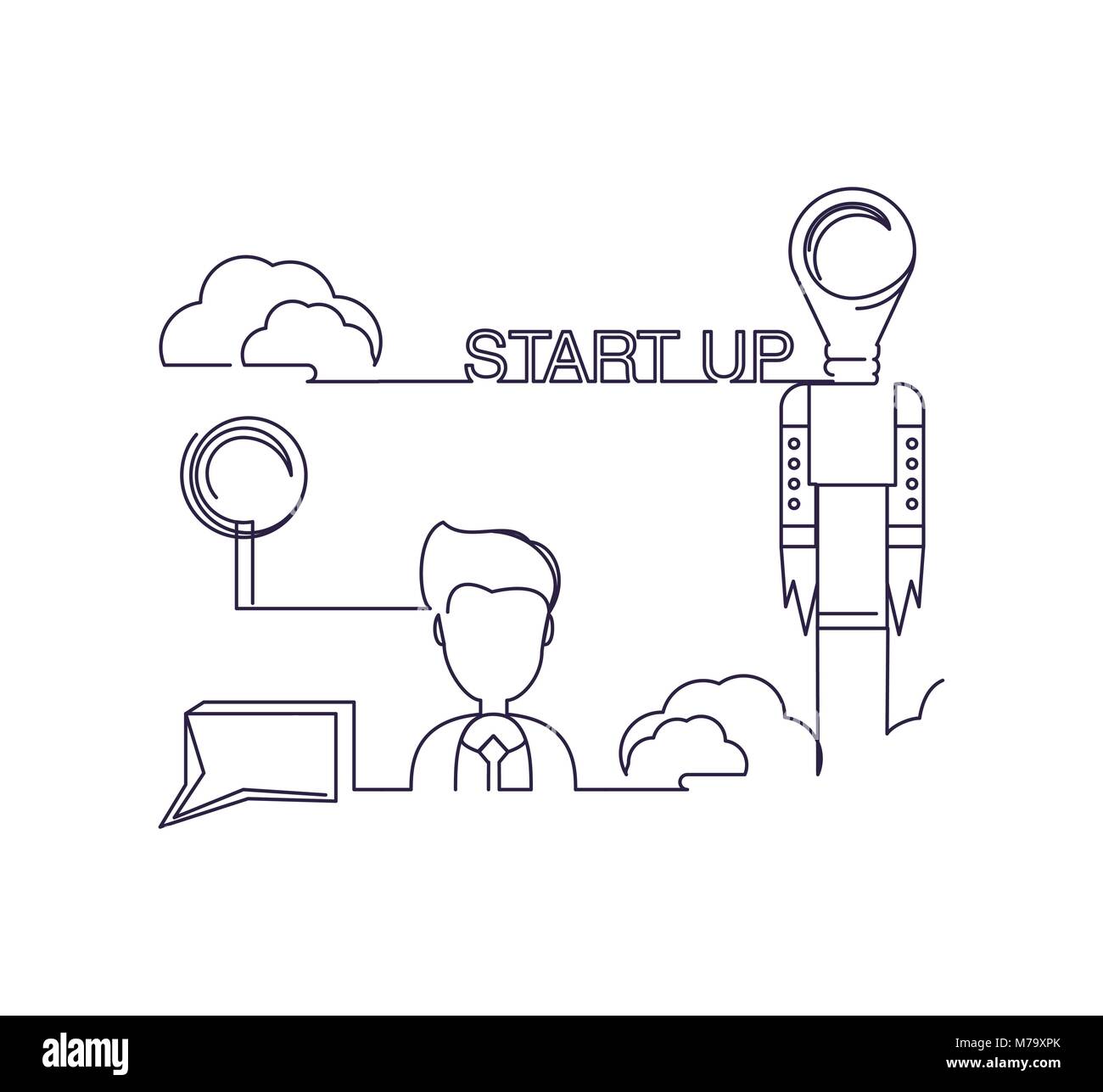 One line design of start up concept with rocket and avatar businessman ...