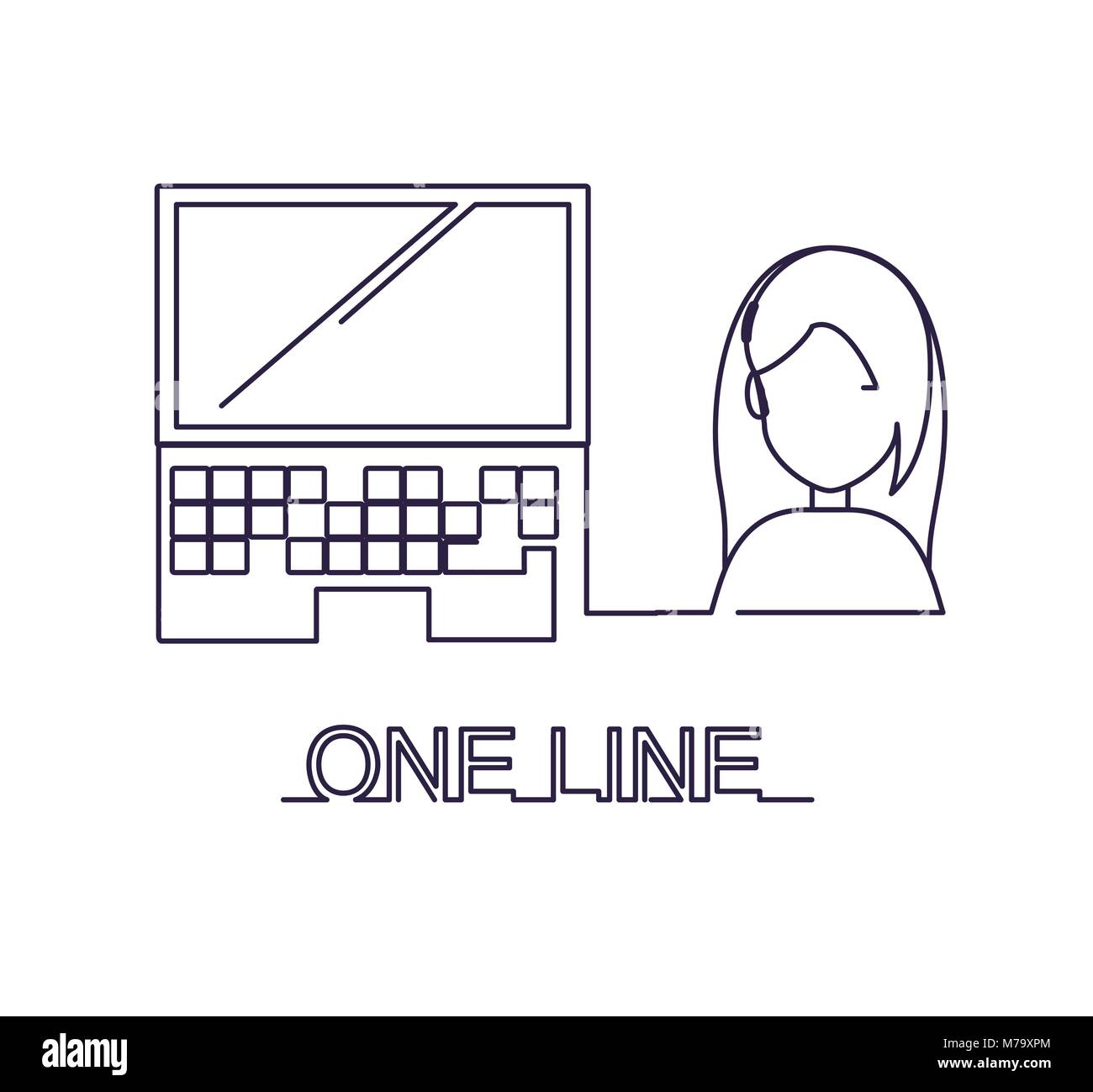 One line design of computer and avatar woman over white background ...