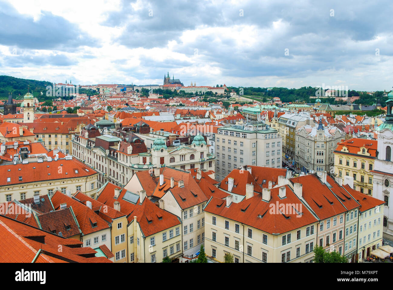 Bird's eye view of the city of Prague with overcast sky seen from the ...