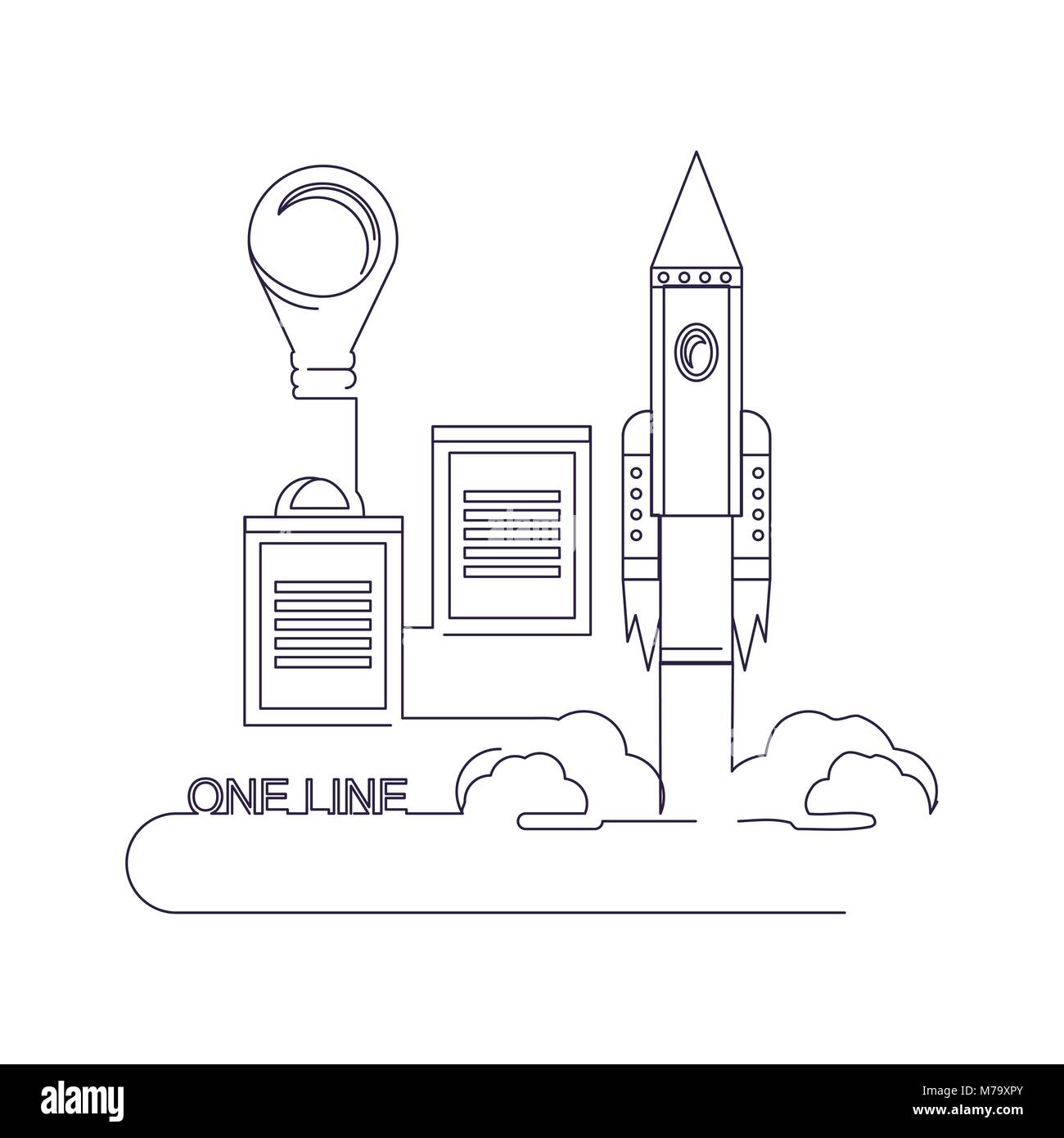 One line design of rocket and clipboard and bulb over white background ...