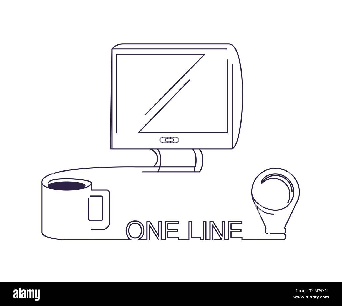 One line design of computer and coffee mug over white background ...