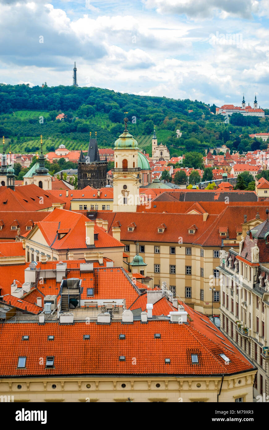 Bird's eye view of the city of Prague with overcast sky seen from the ...