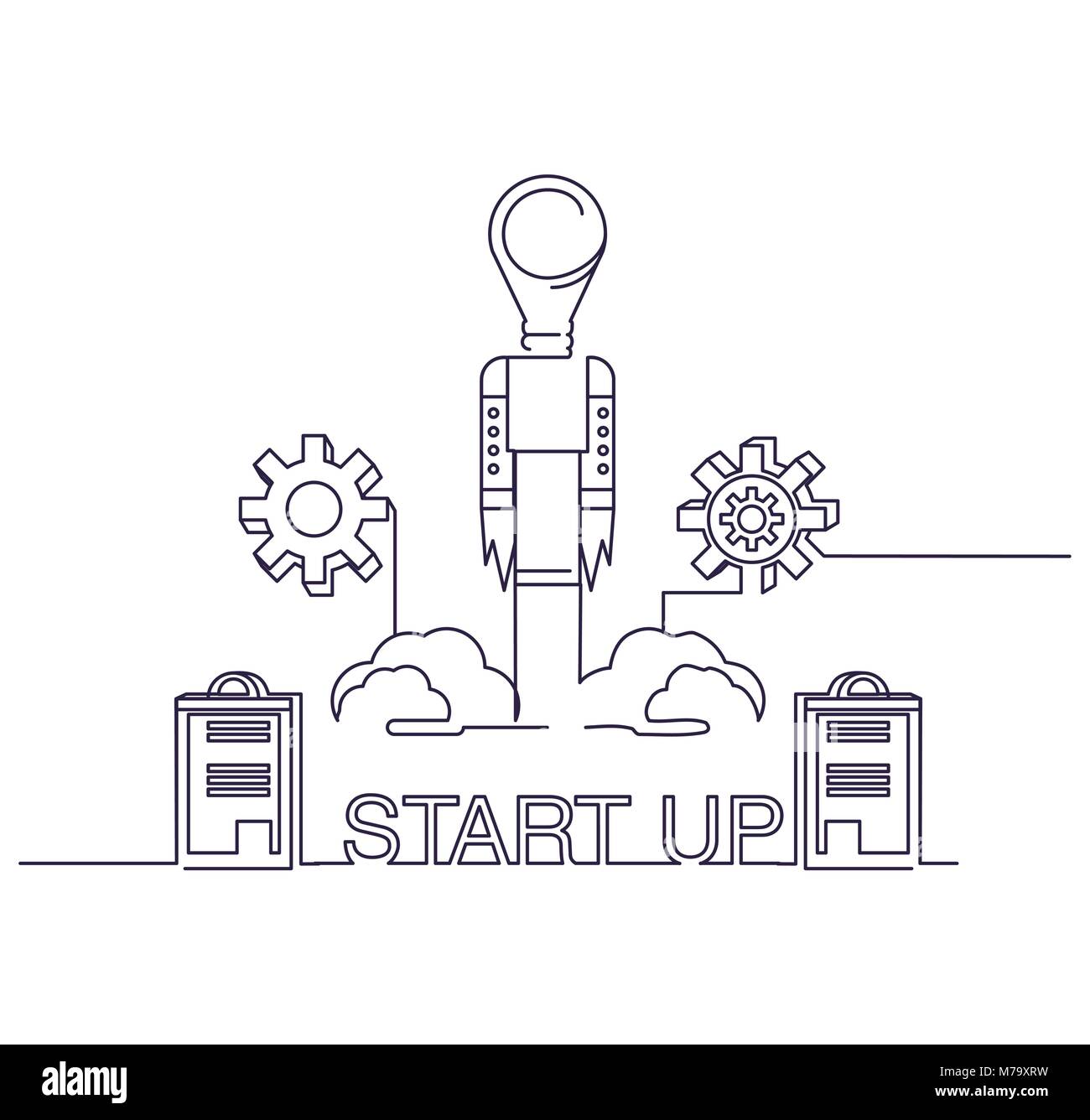 One line design of start up concept with rocket and clipboards over ...