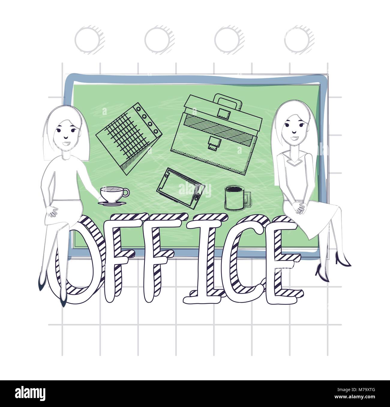 Sketch of office design with businesswomen and related icons around ...