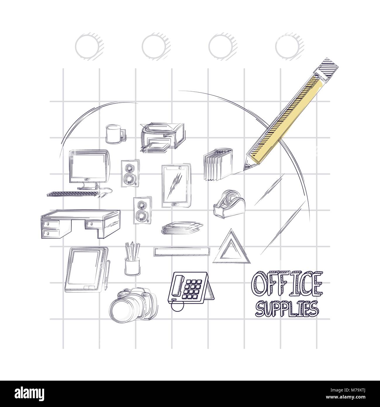 pencil and Office supplies around over white background, sketch design ...