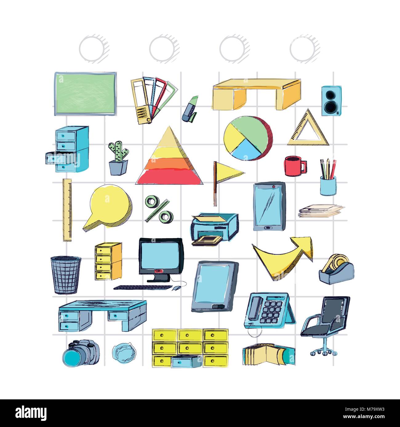 Office supplies around over white background, colorful design. vector ...