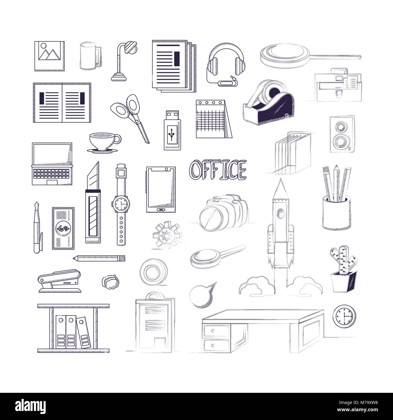 Office supplies around over white background, sketch design. vector ...