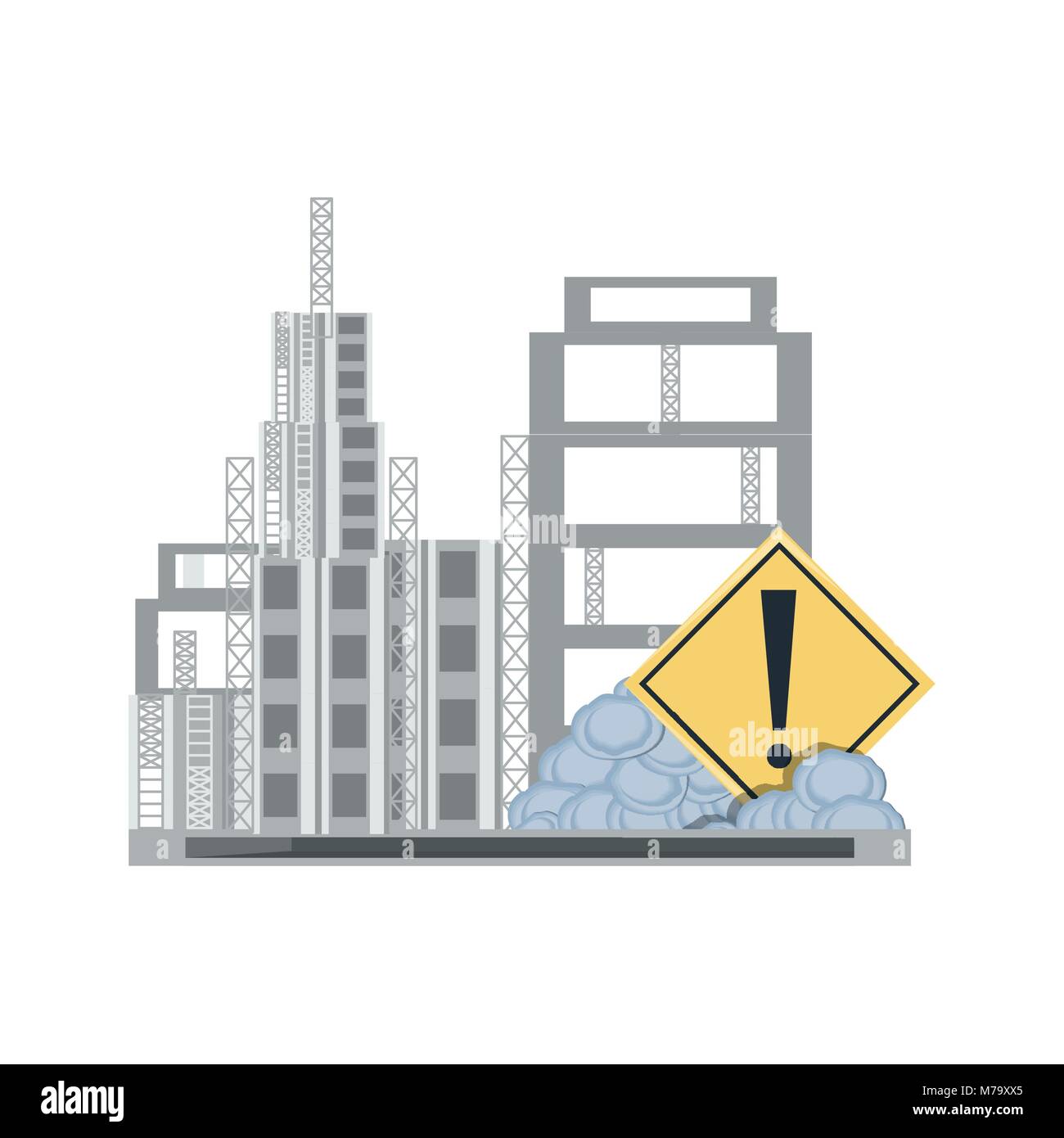 Construction zone with pile of stones and buildings over white ...