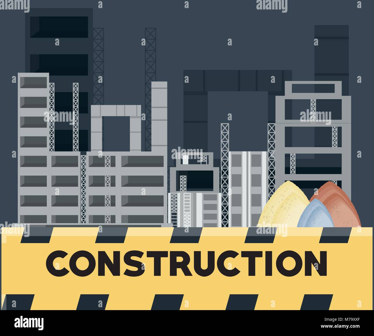 Construction zone with buildings and pile of sands over black ...
