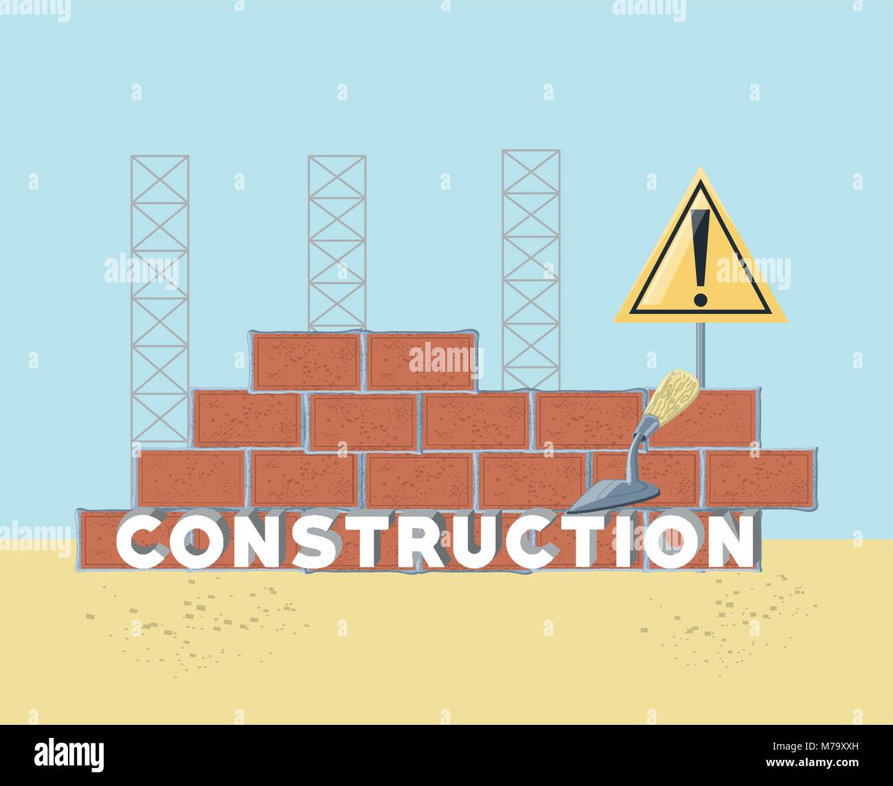 Bricks wall and warning sign over blue background, colorful design ...