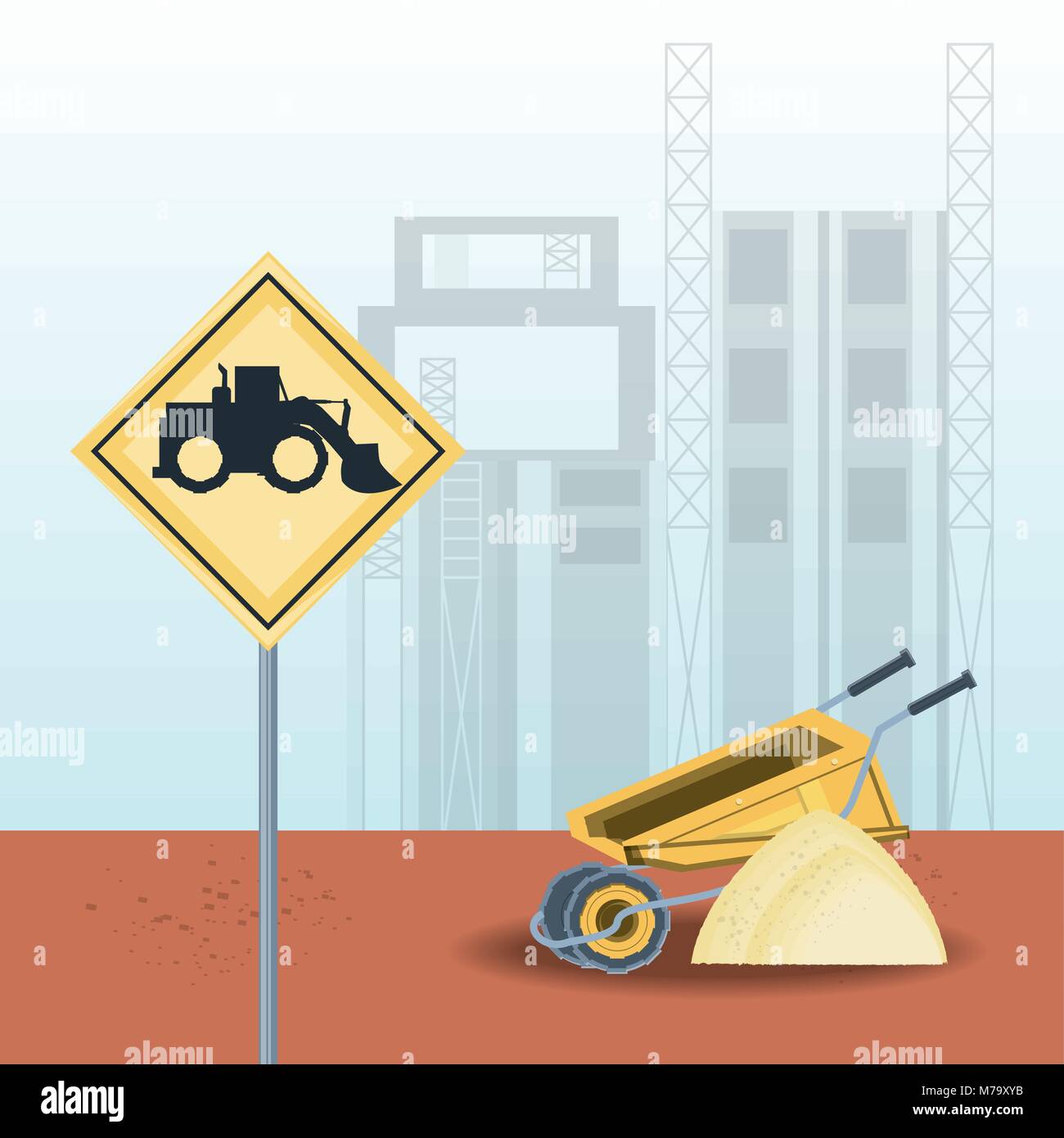 construction sign with truck icon and wheelbarrow with pile of sand ...
