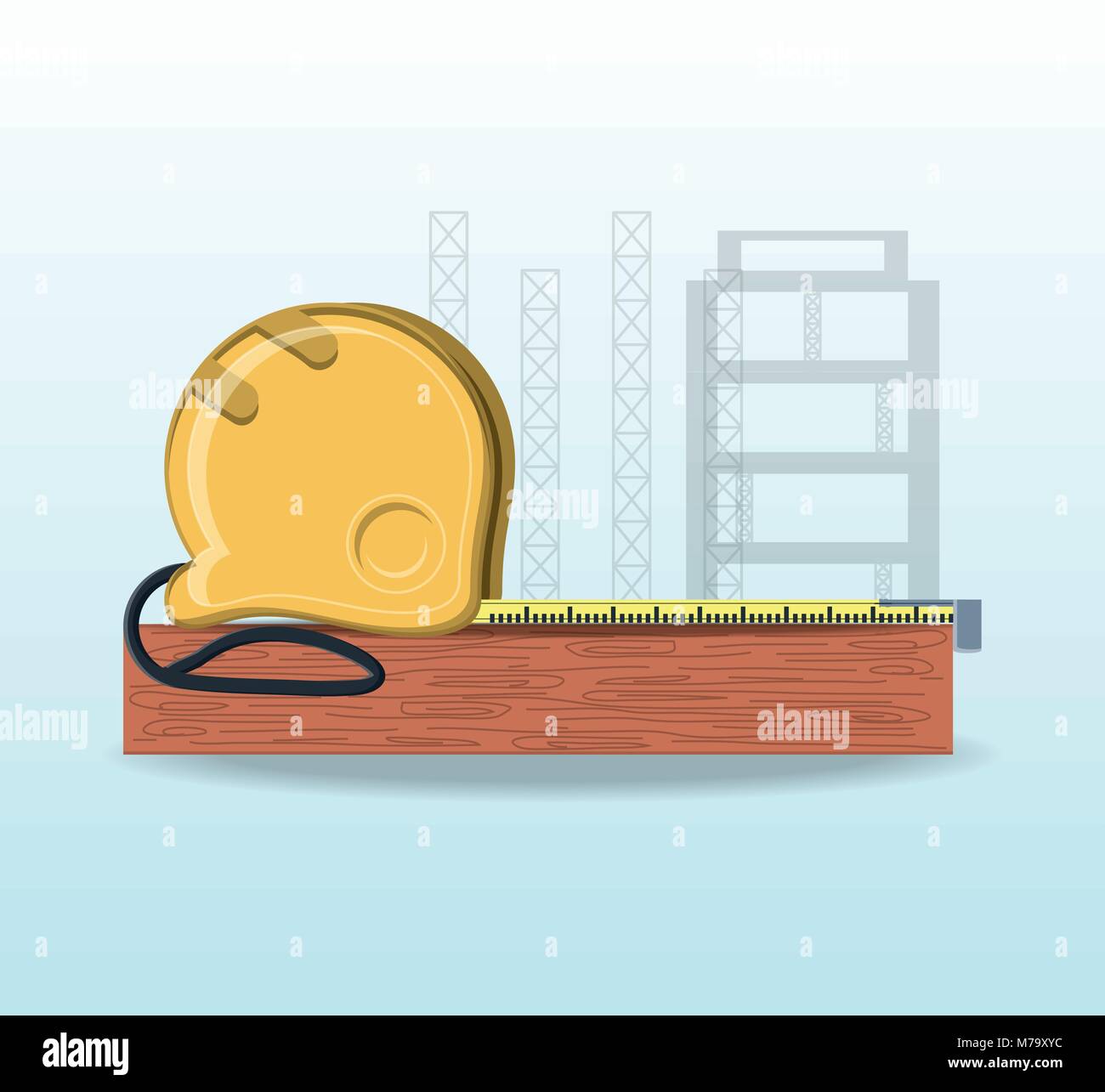 wooden board with construction meter over blue background, colorful ...