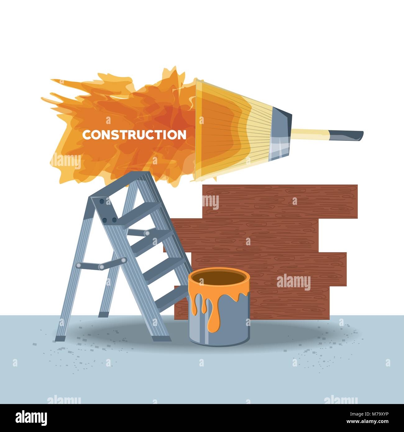 Construction design with brush and ladder with paint bucket over white ...