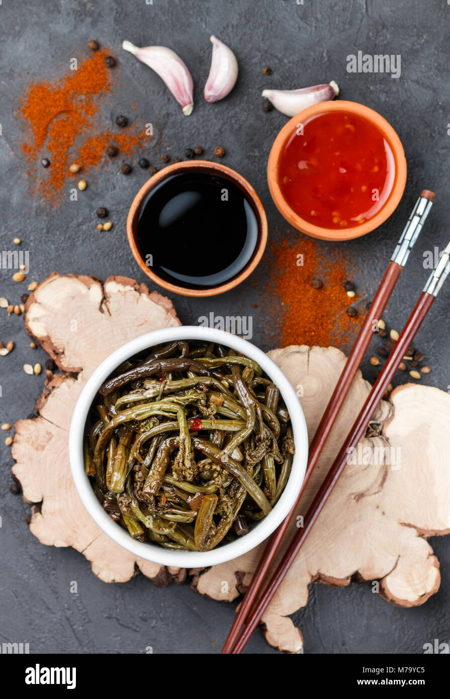 Spicy salad of fern with onion, garlic, soy sauce and spices. Dish ...