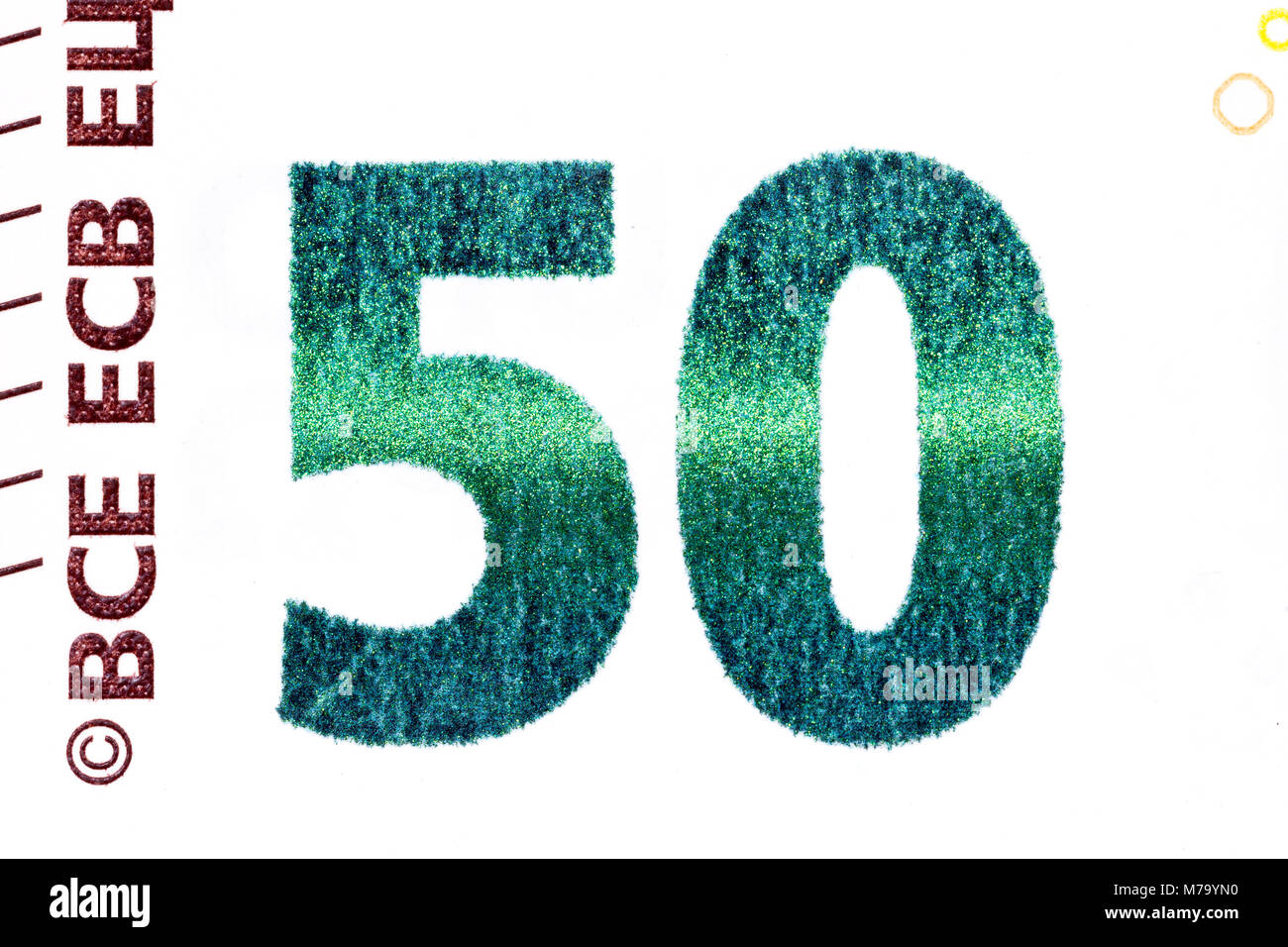 Macro shot of a fifty euro bill showing the number fifty with it Stock ...