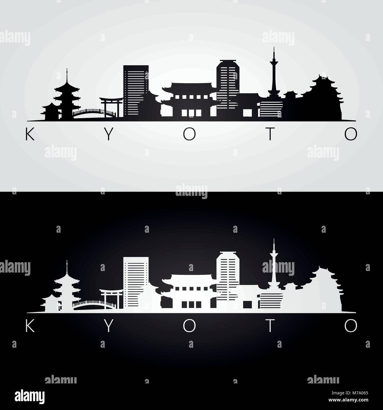 Kyoto skyline and landmarks silhouette, black and white design, vector ...
