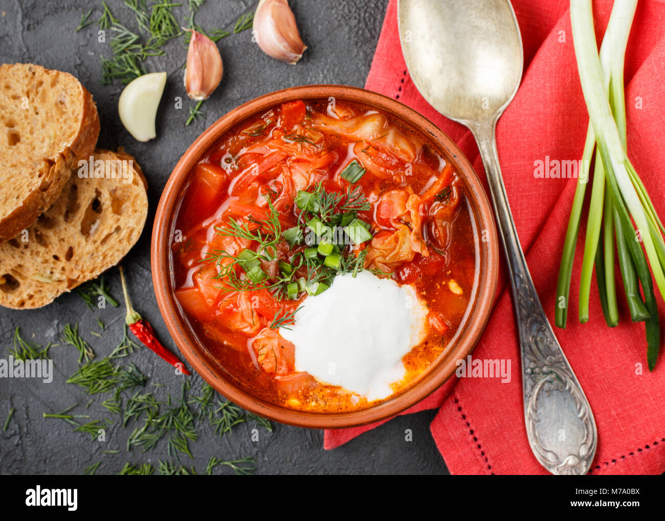 Ukrainian and Russian traditional vegetable red soup - borsch in a clay ...