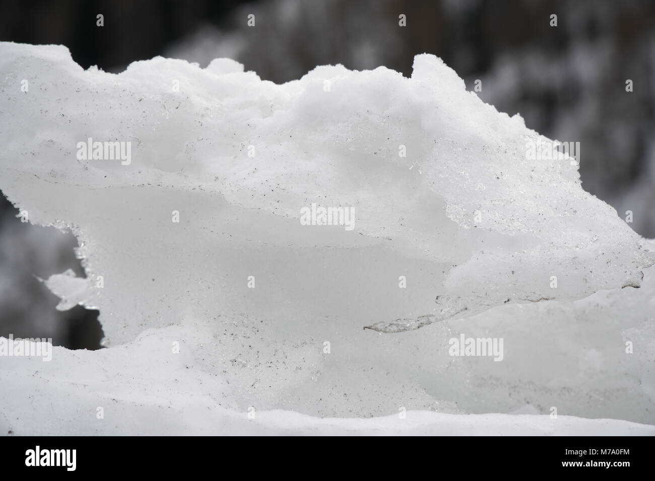 Snow Winter background, close-up of frosted ice lump on a snowing day ...