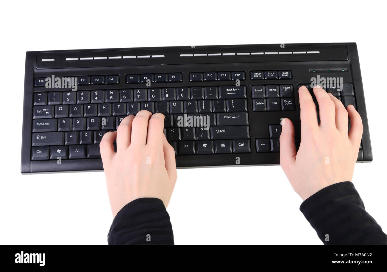 Female hands is touching buttons of black computer keyboard Stock Photo ...