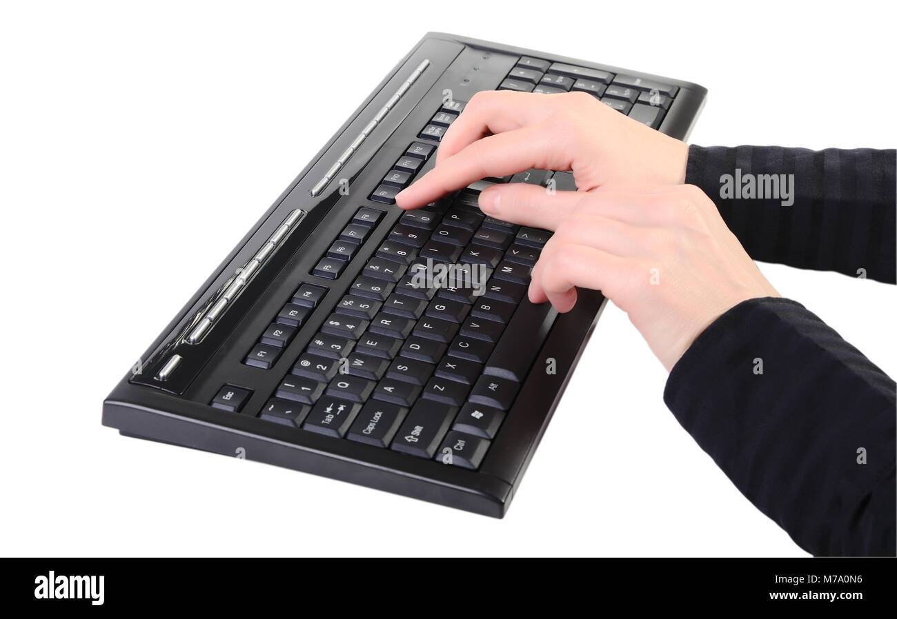 Female hands is touching buttons of black computer keyboard Stock Photo ...