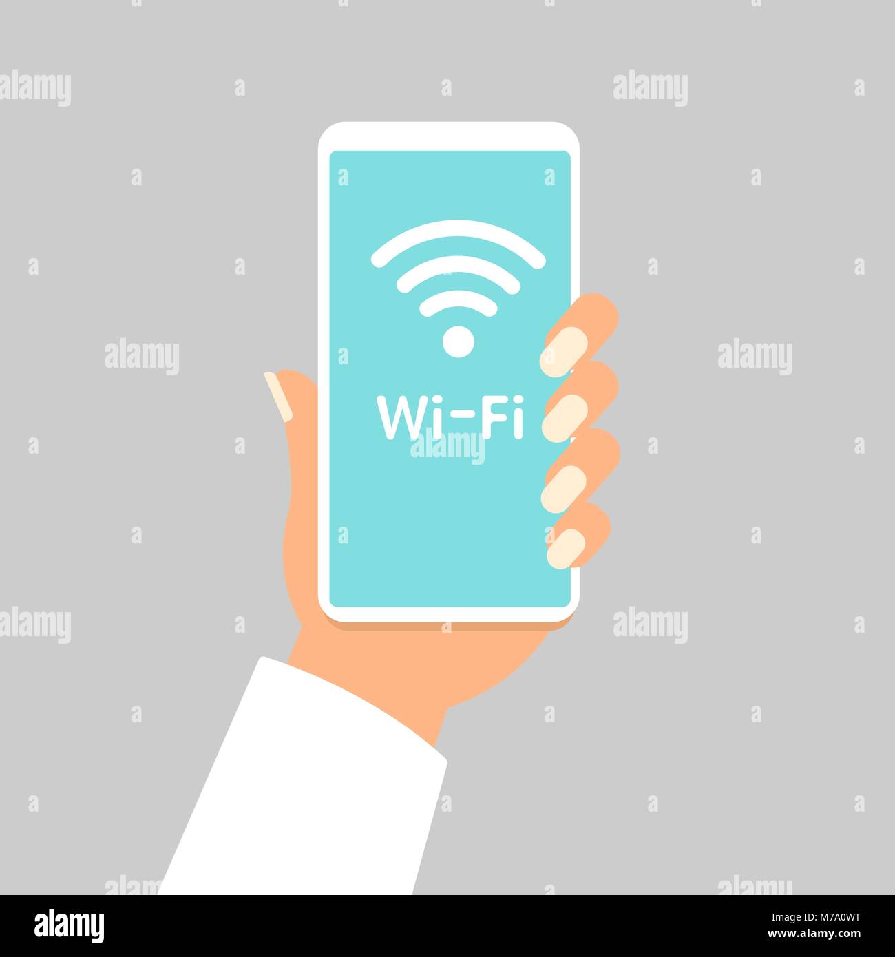 Hand holding smartphone with wifi wireless connection business concept ...