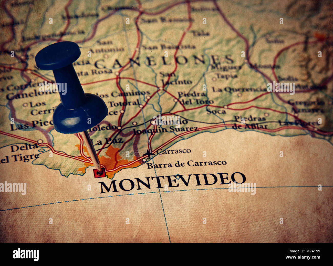 Montevideo destination in the map Stock Photo - Alamy