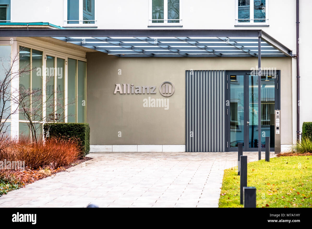 MUNICH / GERMANY - FEBRUARY 16 2018: The Allianz headquarters are ...