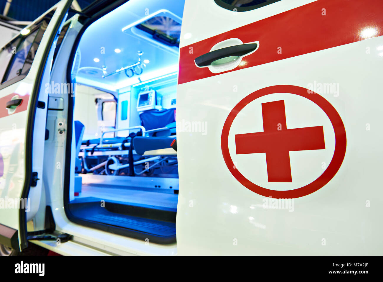 Opened door of ambulance with medical equipment Stock Photo - Alamy