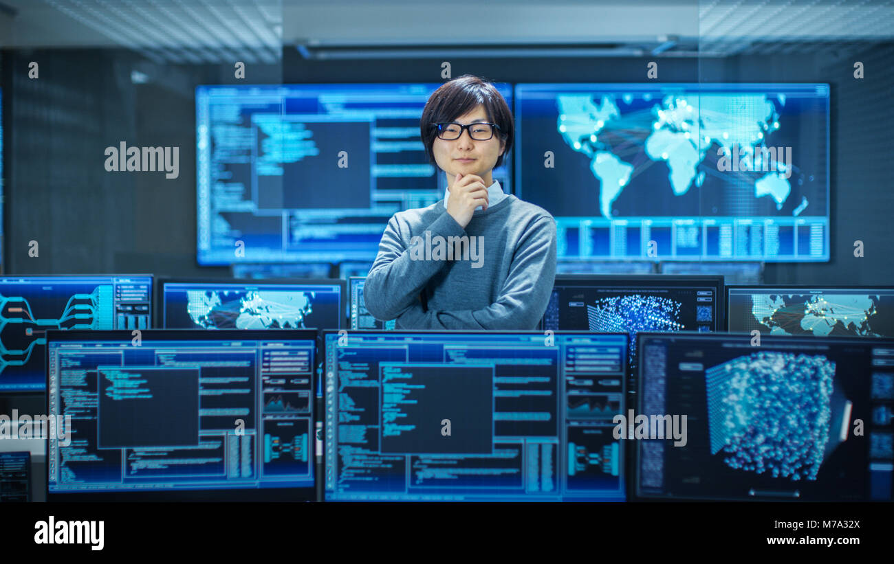 In the System Control Room Smart Engineer Turns and Makes Thinking ...