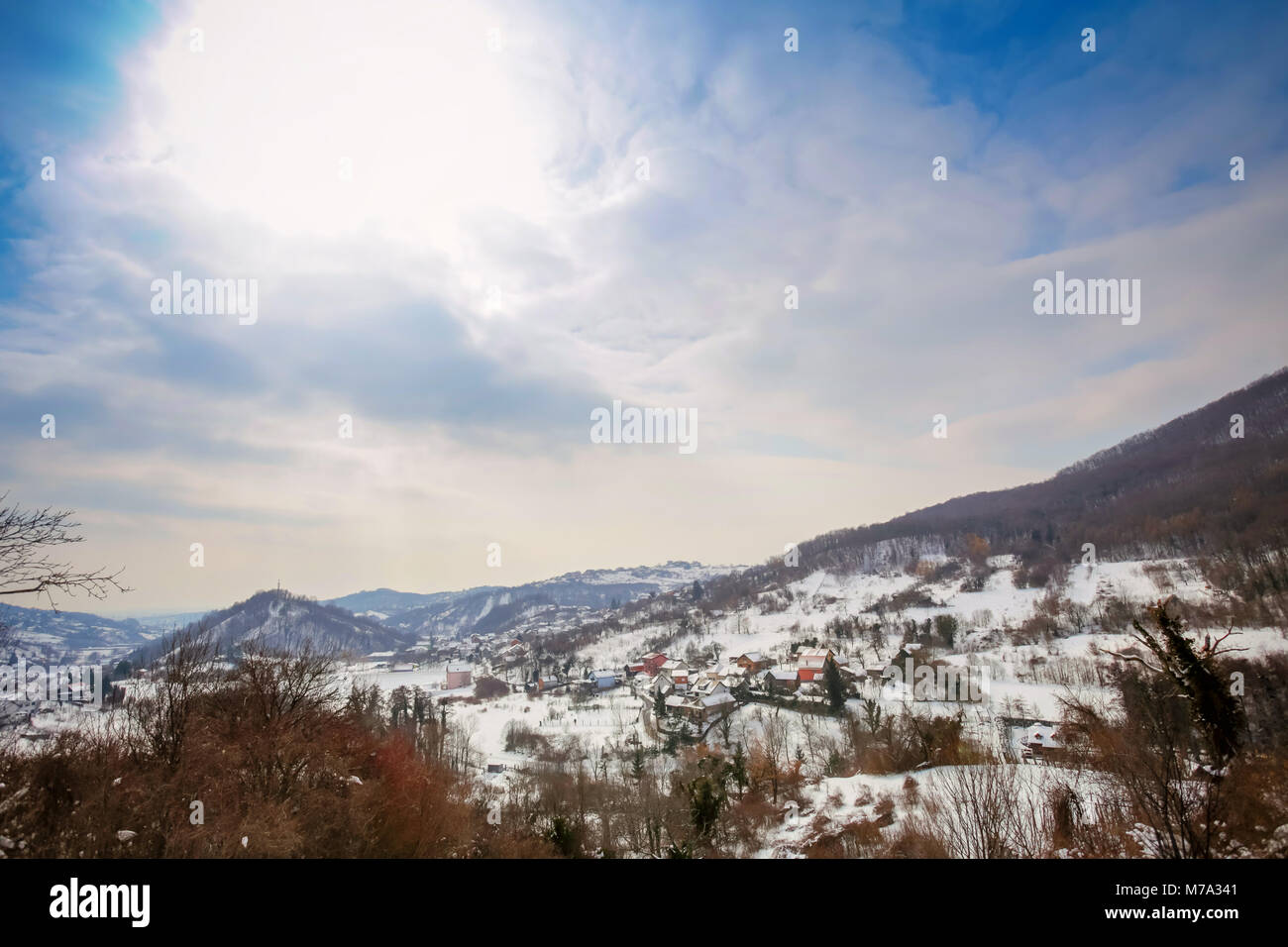 Aerial view of the village on the Sljeme mountain near Zagreb at winter ...