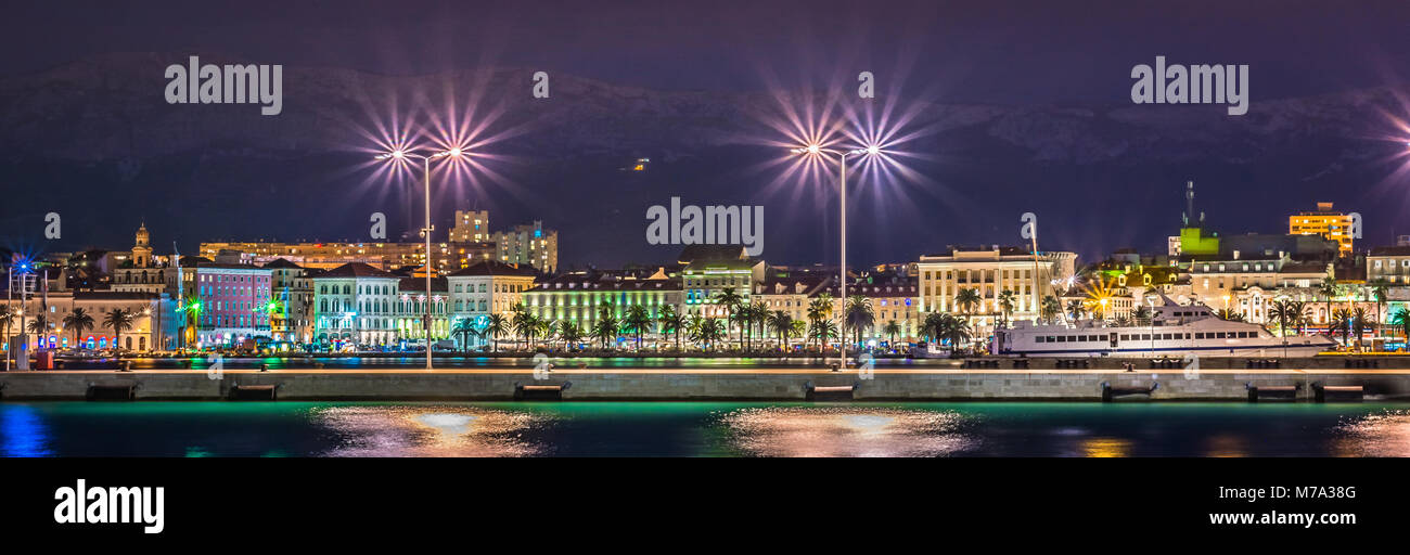 Night panorama of coastal town Split, Adriatic Sea scenery Stock Photo ...