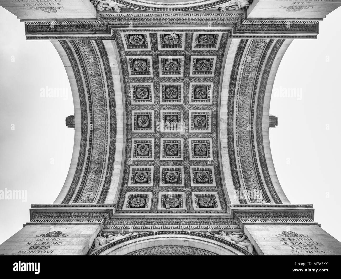 Detail of the Arc de Triomphe in Paris. Bottom view of the decorated ...