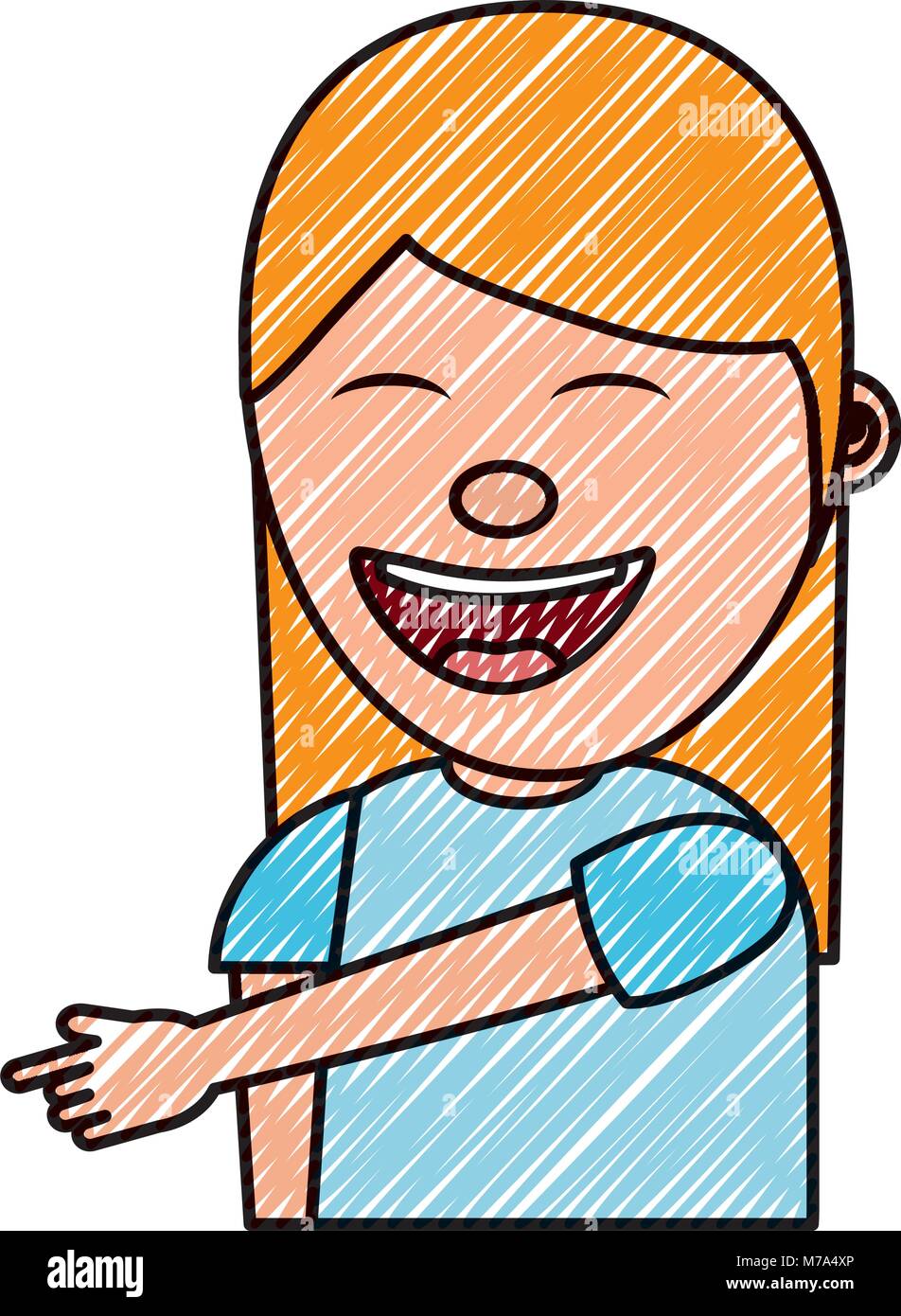 portrait laughing young woman pointing with finger something Stock ...