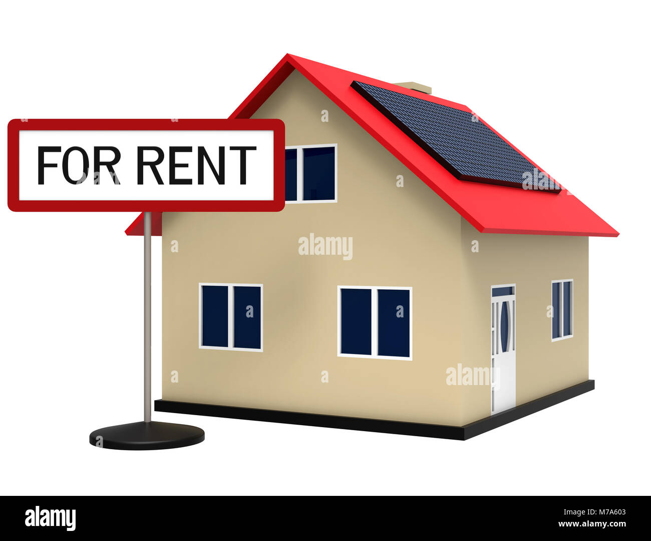 House with solar panel for rent, 3d rendering, on white background ...